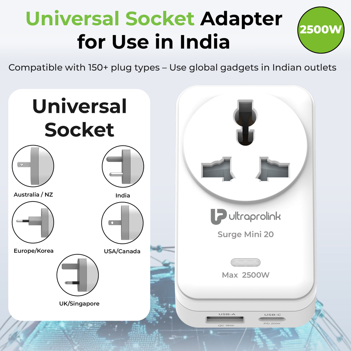 Surge Mini 20 Universal Socket with Surge Protection & QC 18W + PD 20W ...