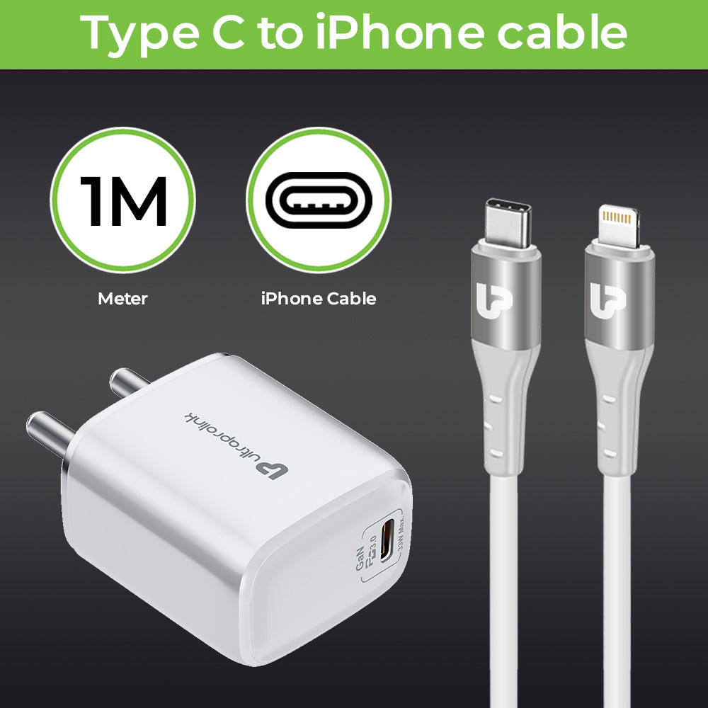 33W Power Delivery GaN charger with Type C port + C2L PD Cable (1m) UM ...