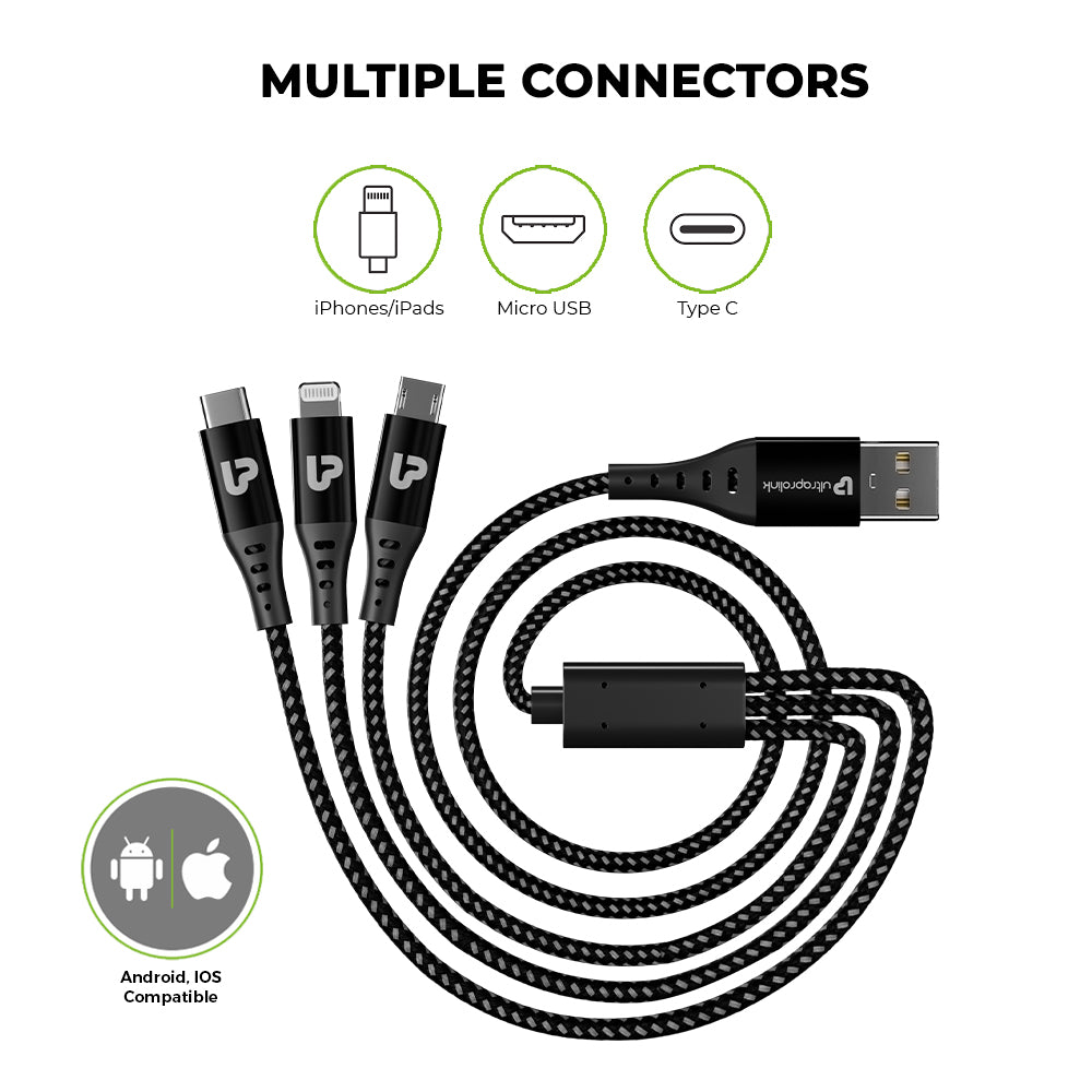 TrioLink 18 W 3in1 Fast Charging Cable (1.5m/Black) UL1098BLK-0150 – UltraProlink