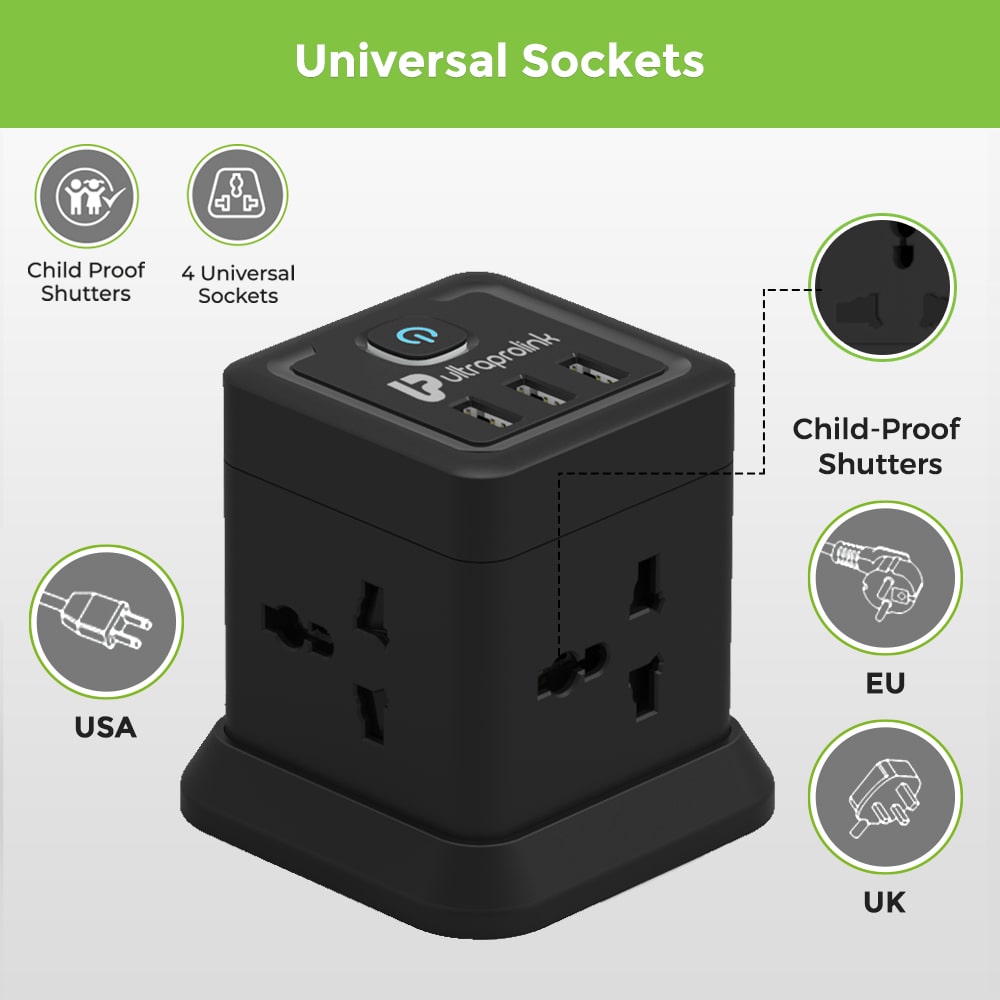 Power Qube Desktop Surge Protector with 3 USB Ports UM1084U – UltraProlink