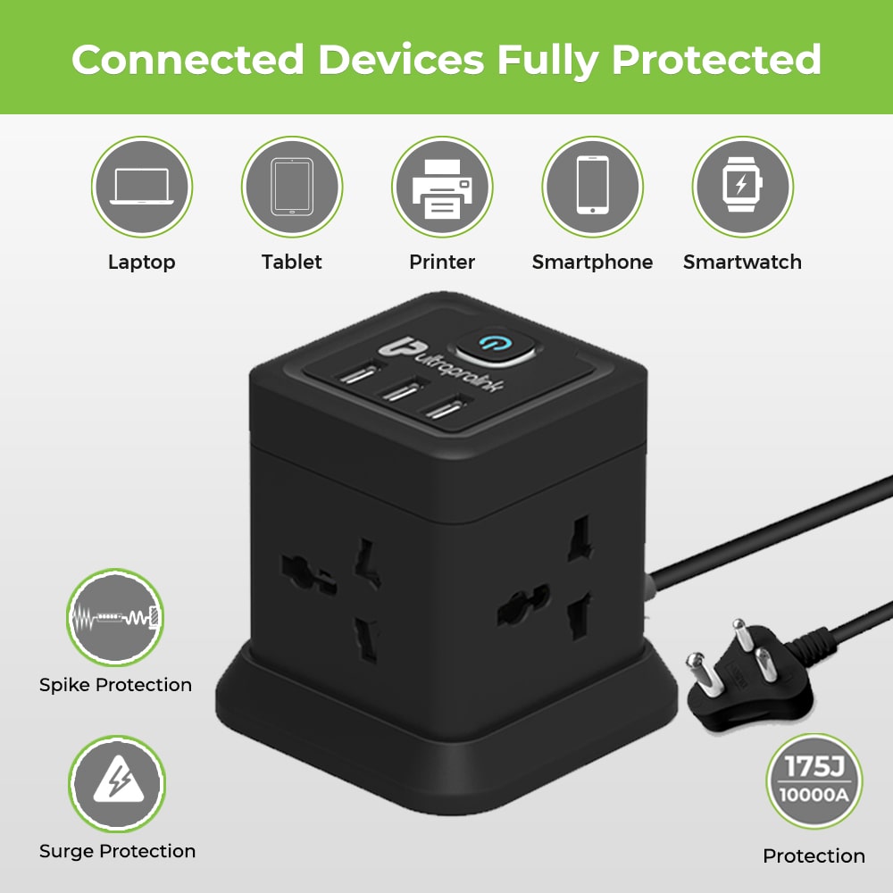 Power Qube Desktop Surge Protector with 3 USB Ports UM1084U – UltraProlink