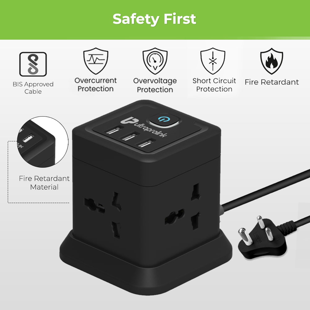 Power Qube Desktop Surge Protector with 3 USB Ports UM1084U – UltraProlink